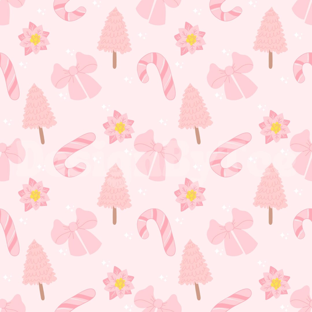 Candy Cane, Floral, Bows and Trees Pink Christmas Seamless Pattern File ...
