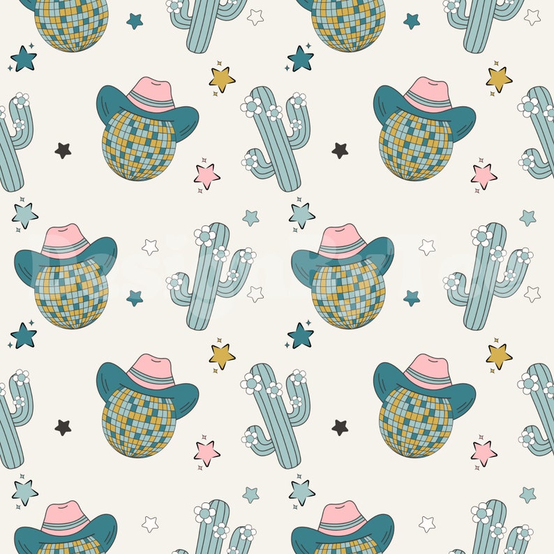 Pink Disco Ball Cactus Seamless Pattern: Cowboy Fabric Design (digital ...