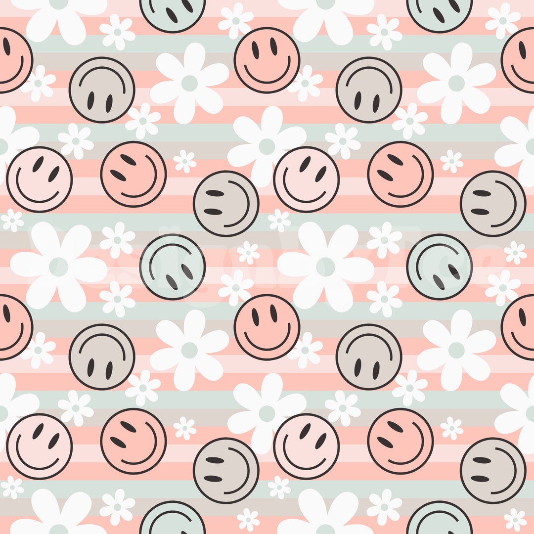 Spring Boho Happy Face Seamless Pattern Files, Daisies Fabric Printing ...