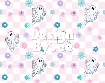 Cute Floral Ghost With Pink and White Daisy and Pink Checkered Seamless ...
