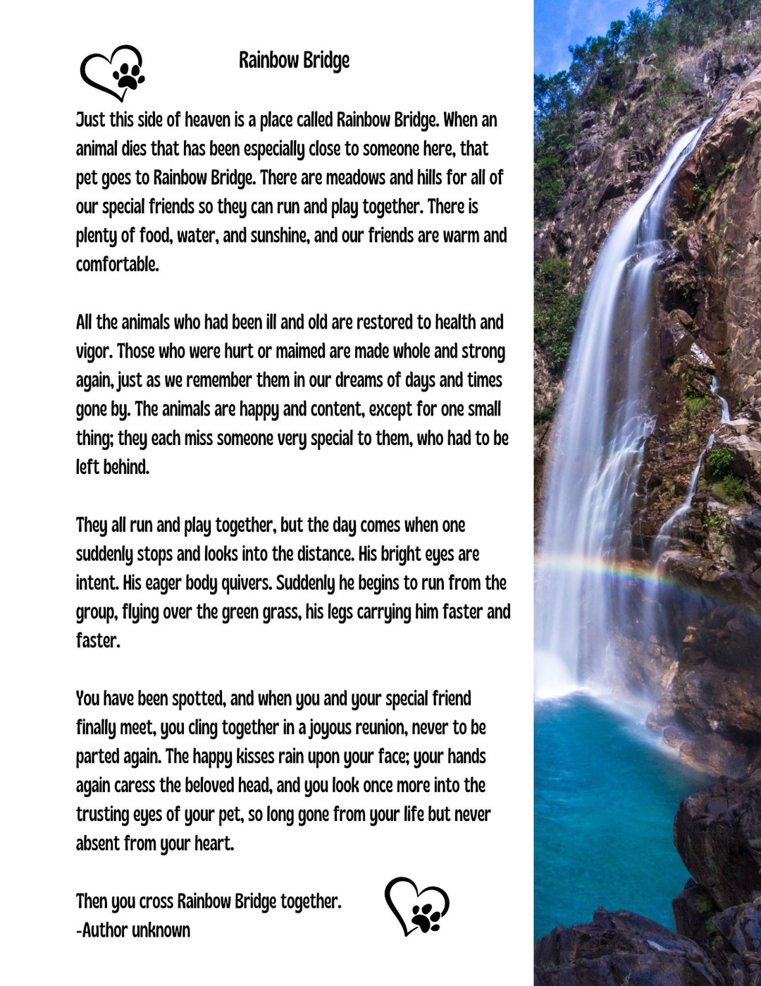 Rainbow Bridge Poem Waterfall Border 8.5 X 11 Inch Printable DIGITAL ...