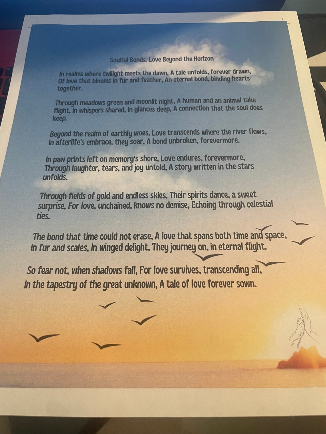 Soulful Bonds Love Beyond the Horizon Poem 8.5 X 11 Inch Printable ...