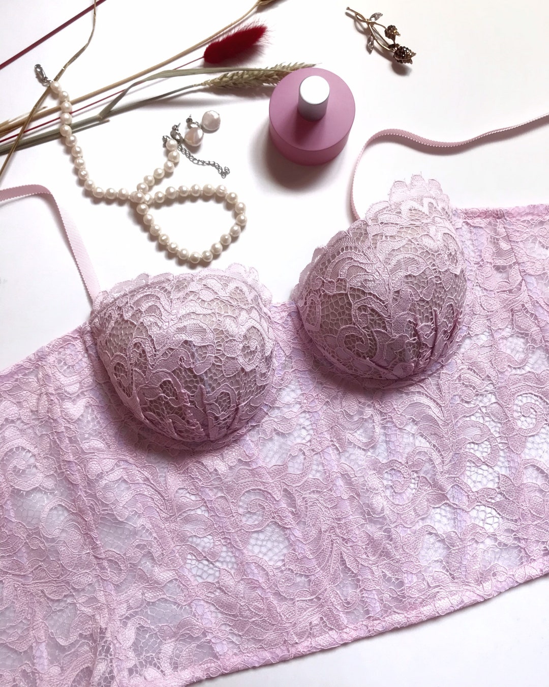 Lace Wedding Corset Bustier With Cups Pink Lace Bustier Top Bridal ...