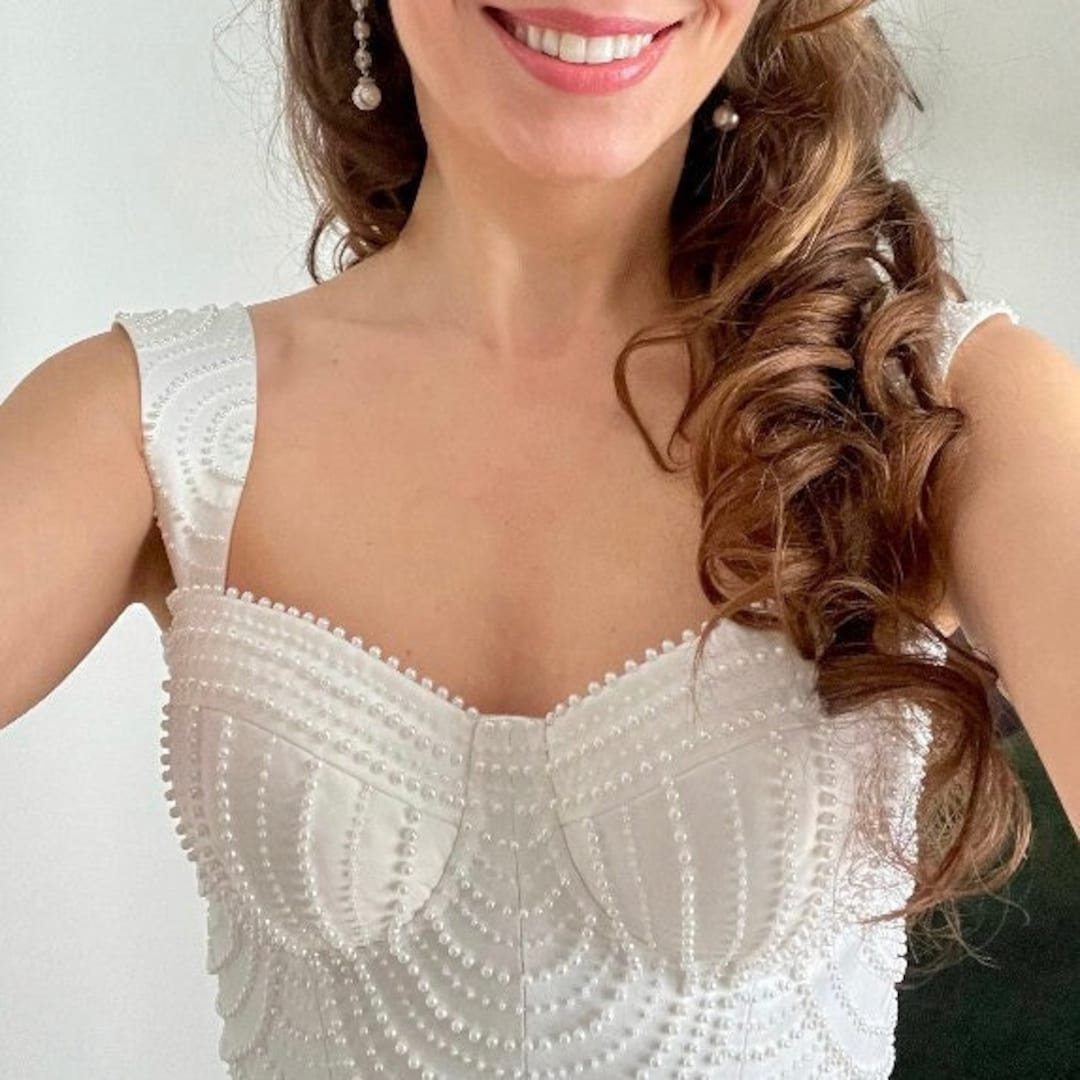 Satin Pearl Bridal Corset Wedding Corset Bustier With Cups Straps Crop Top White Bustier Top ...