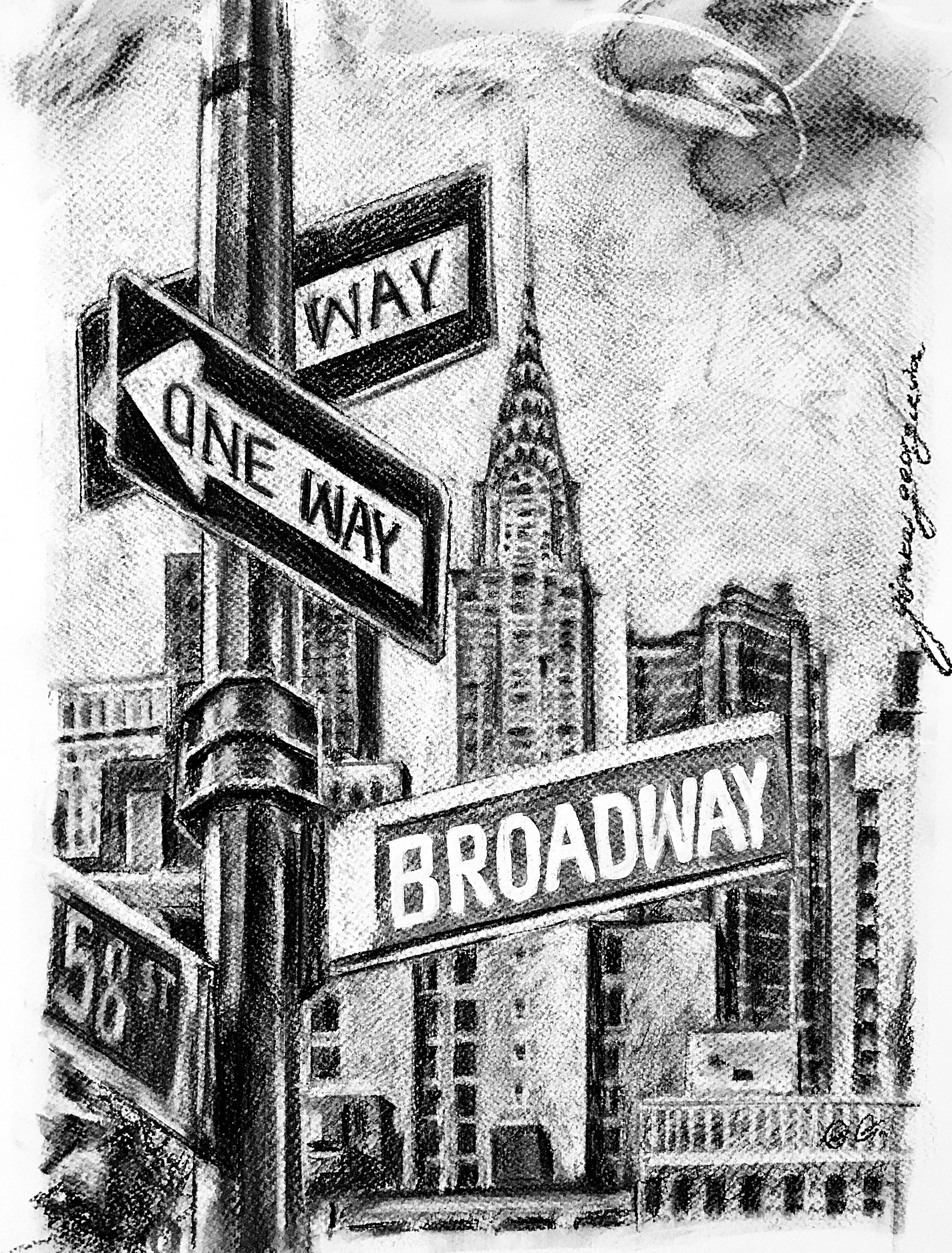 New York Street, Black and White Original Charcoal Broadway Cityscape ...