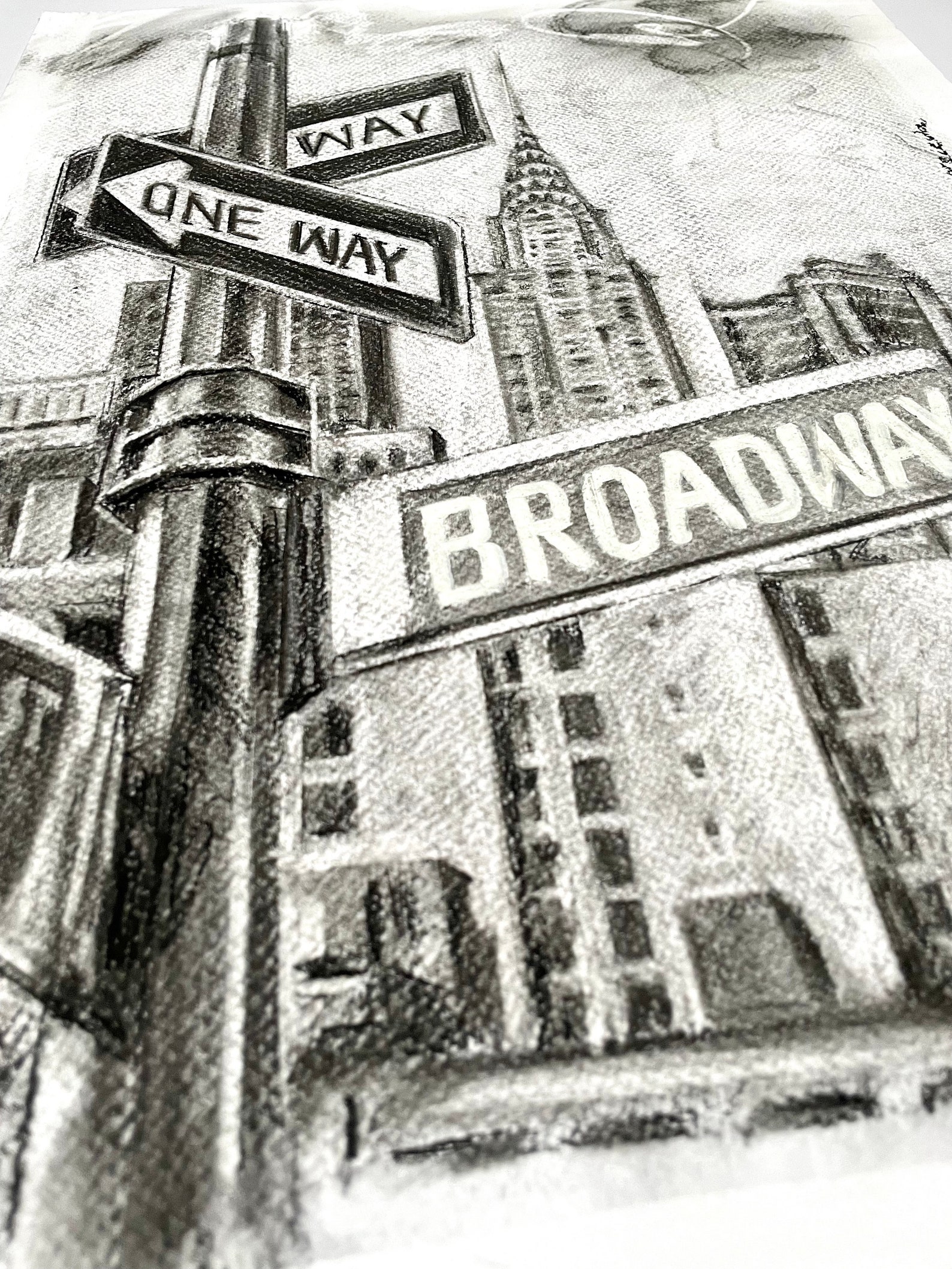 New York Street, Black and White Original Charcoal Broadway Cityscape ...