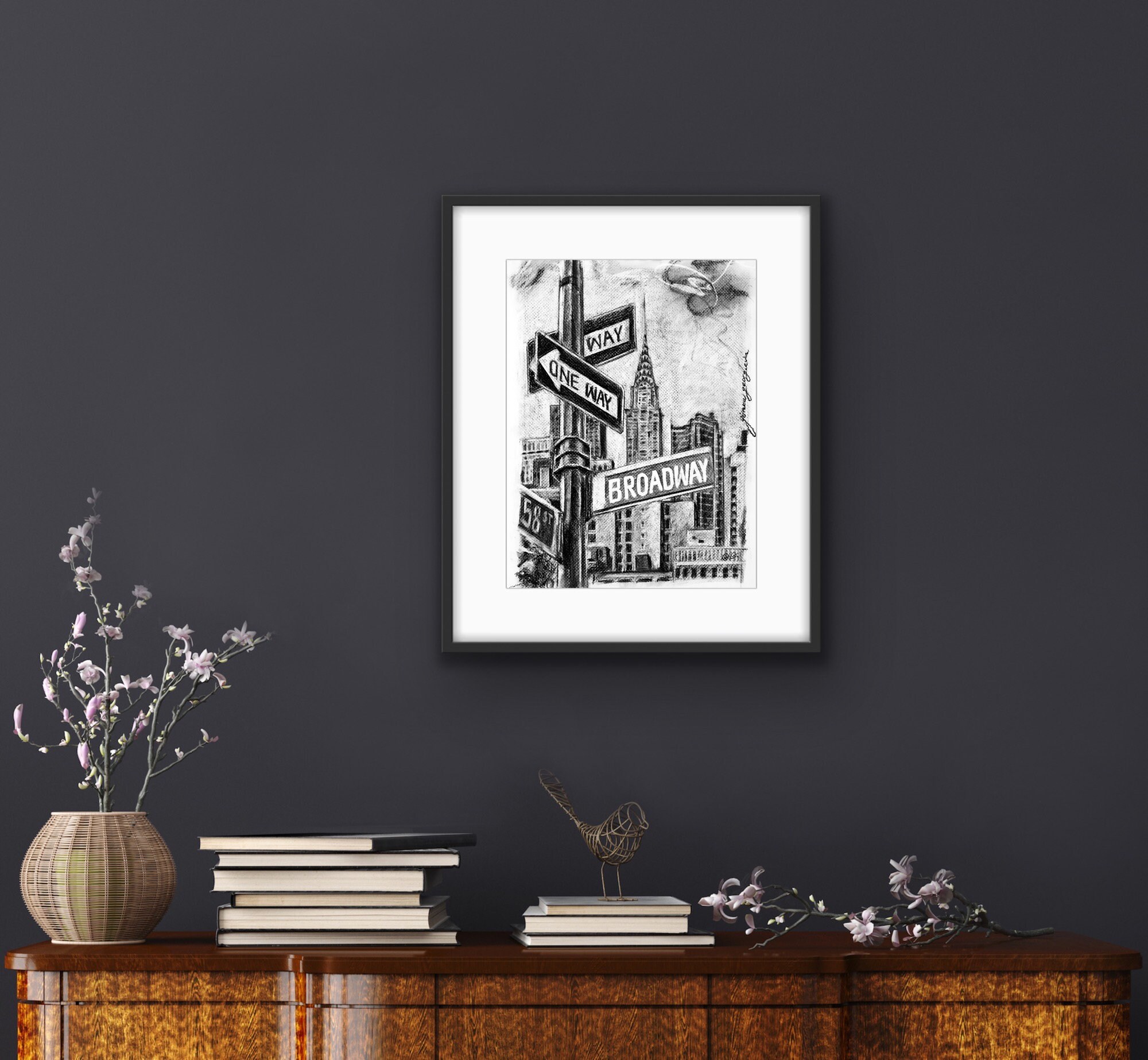 New York Street, Black and White Original Charcoal Broadway Cityscape ...