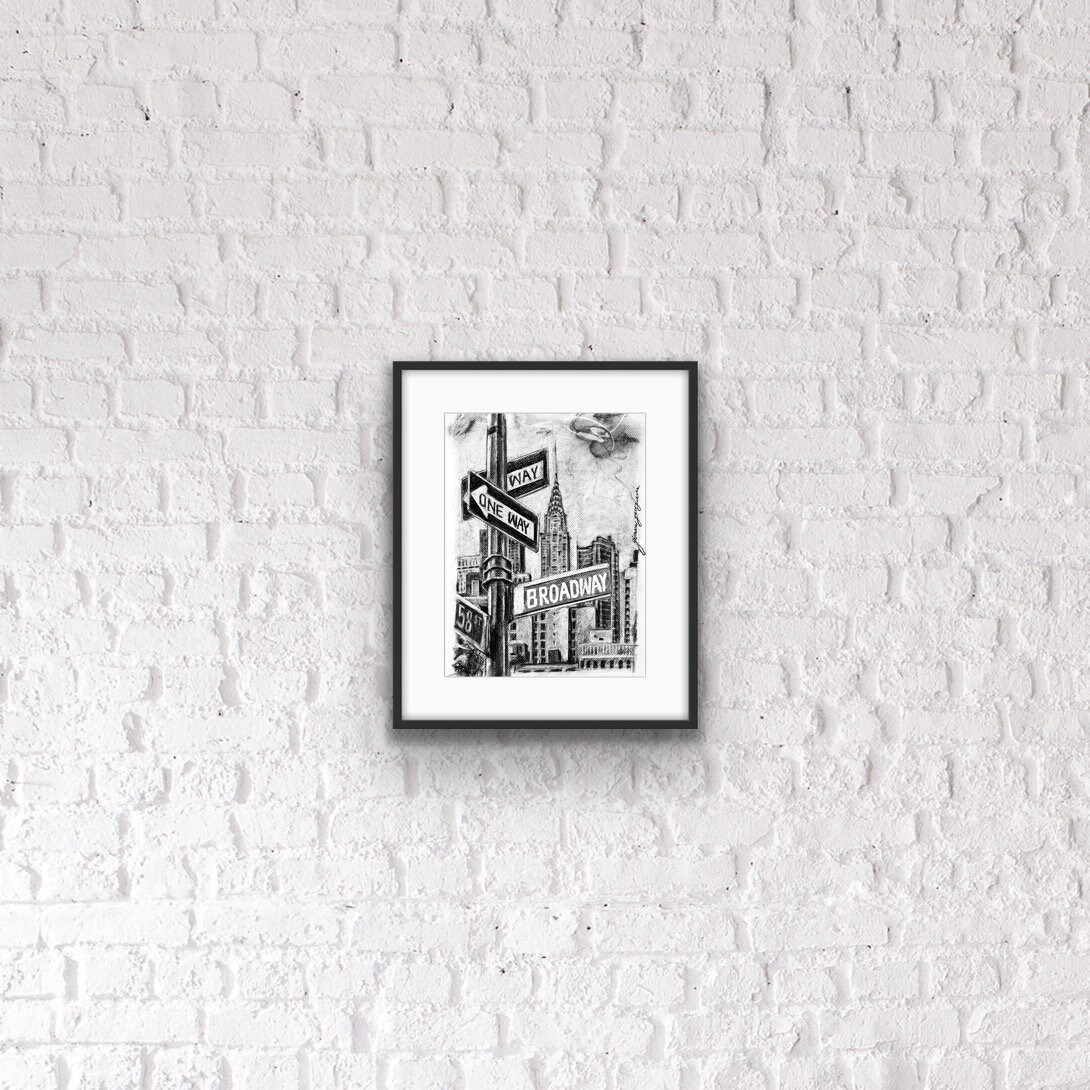 New York Street, Black and White Original Charcoal Broadway Cityscape ...