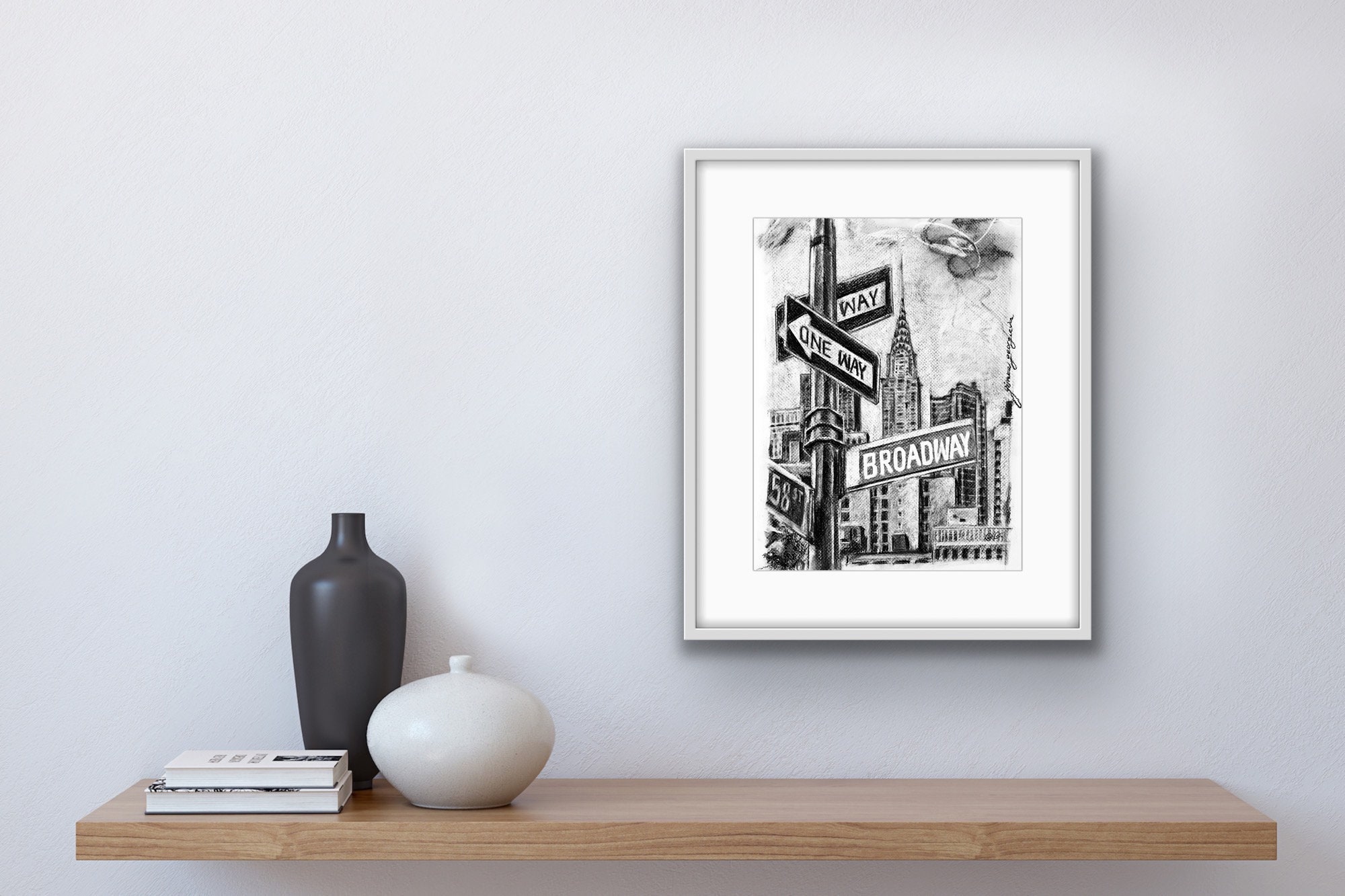 New York Street, Black and White Original Charcoal Broadway Cityscape ...