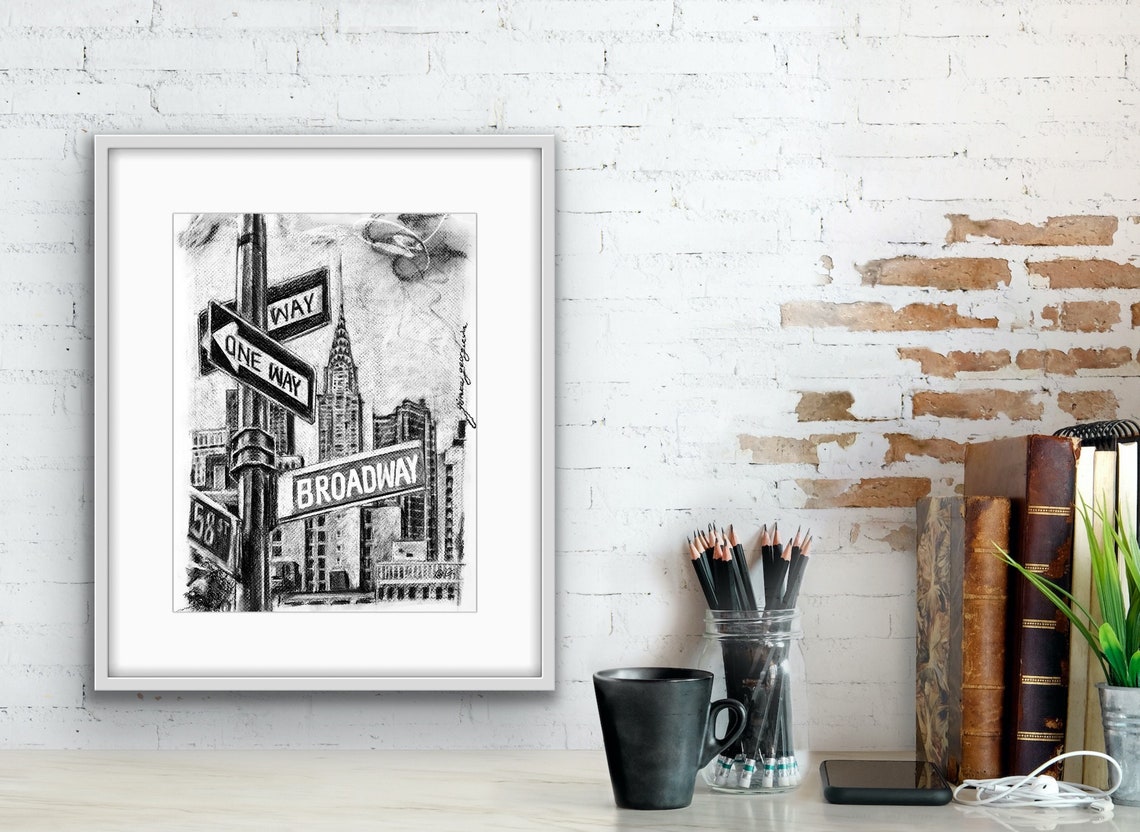 New York Street, Black and White Original Charcoal Broadway Cityscape ...