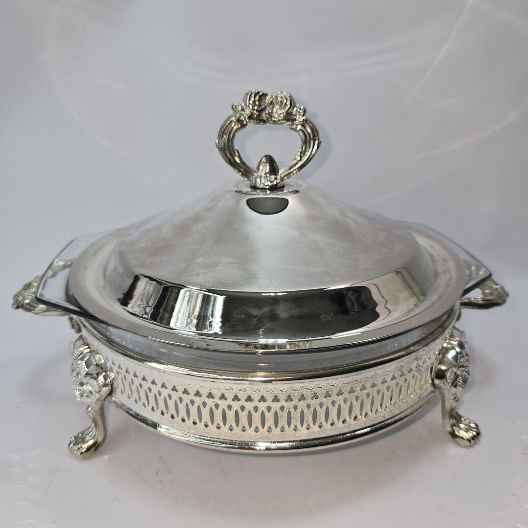 Vintage Silver-plated Chafing Dish With Glass Insert and Ornate Lion ...