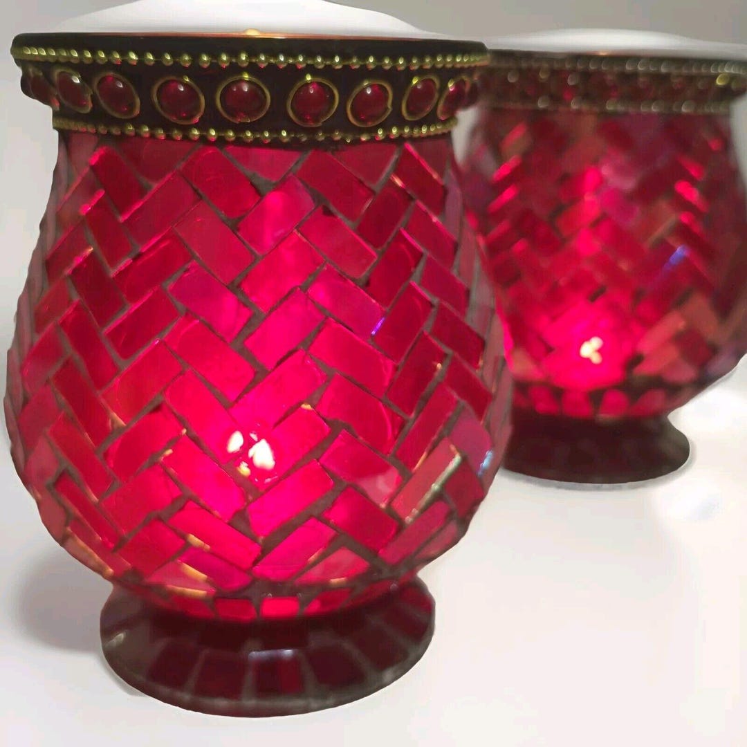 Set of 2 Vintage Mosaic Hurricane Style Candle Holder Red and Gold ...