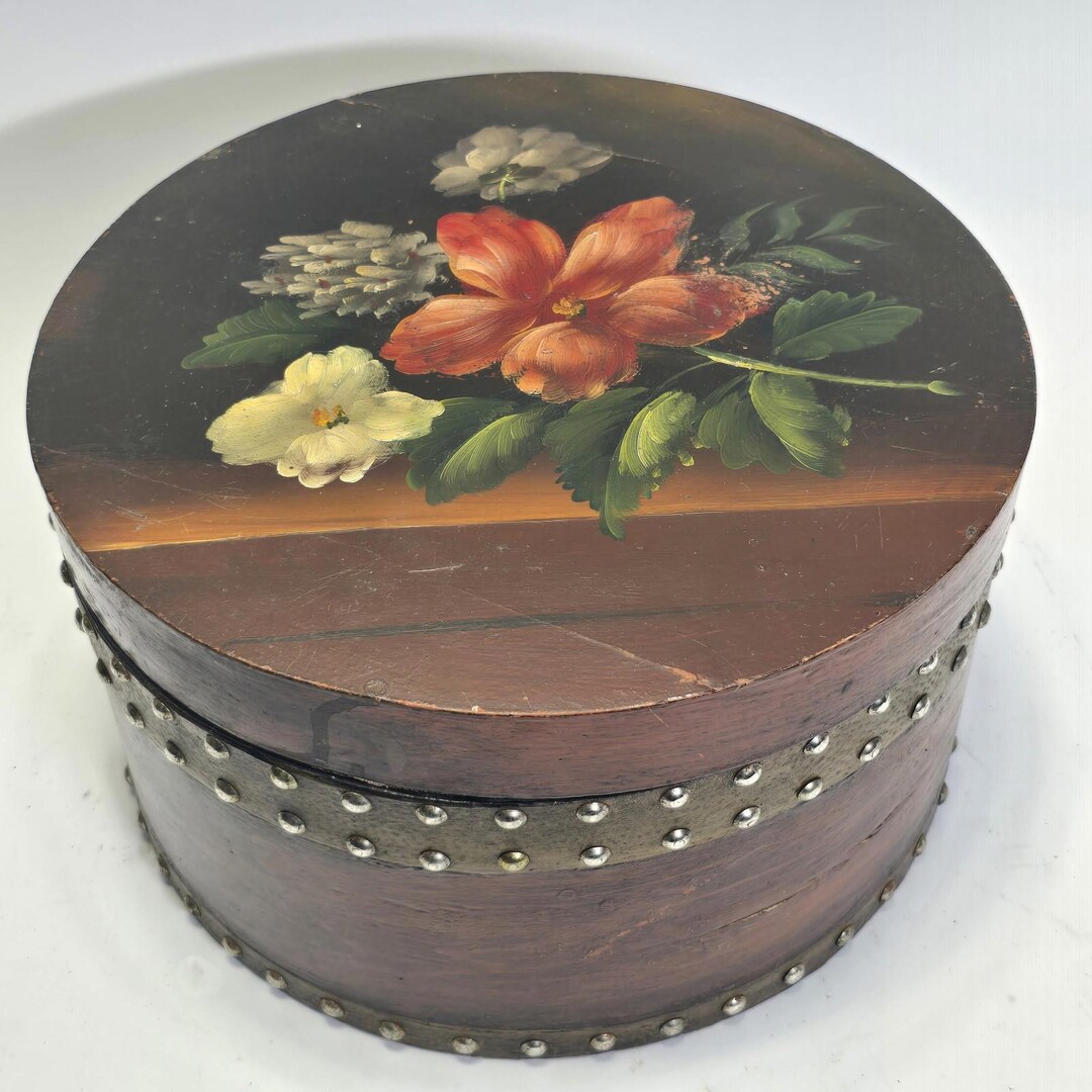 Vintage Victorian Wood Hat Box Hand Painted Floral Design Storage for ...