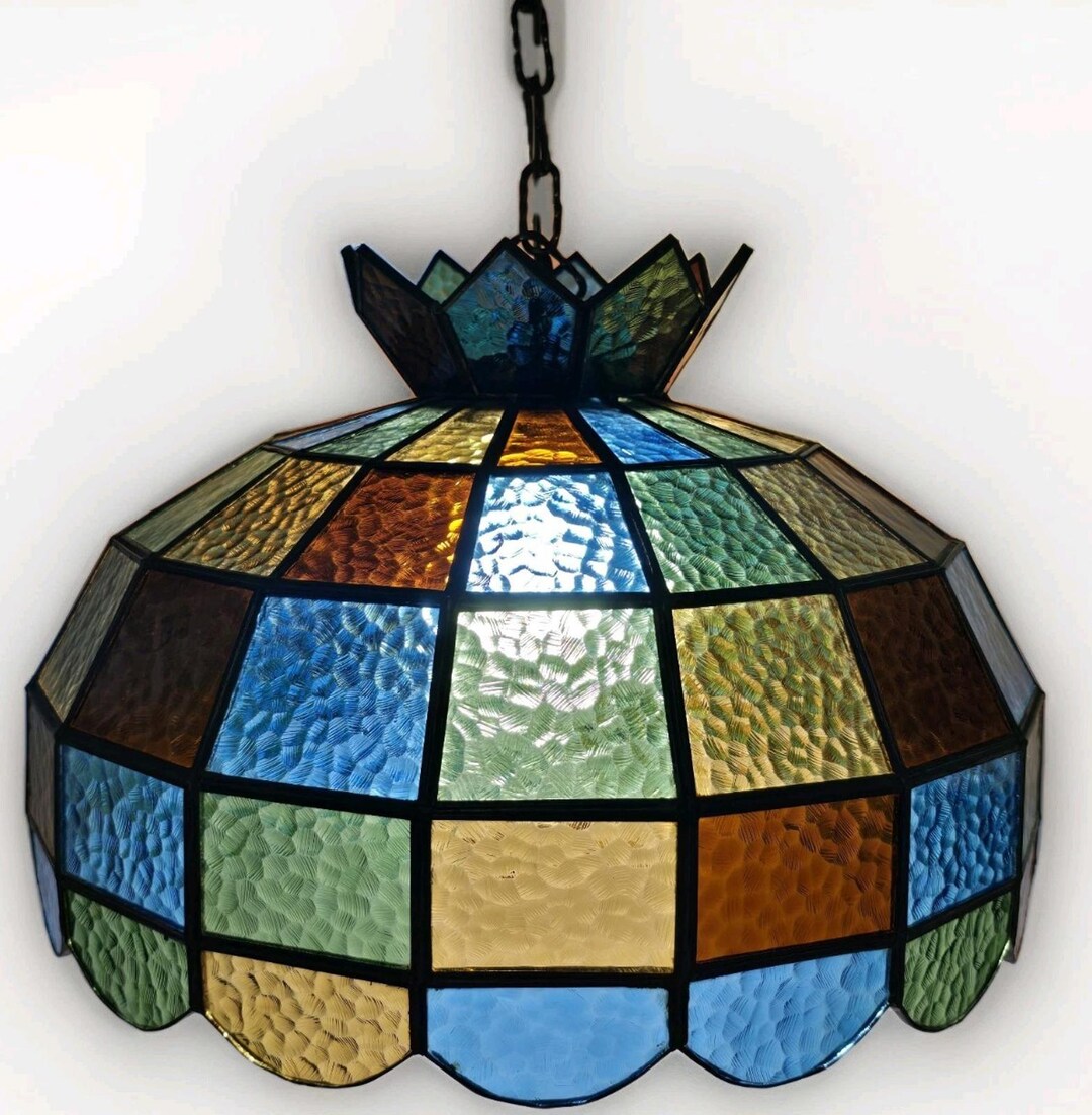 Vtg 88 Panel Stained Glass Hanging Lamp Multicolor Crown Shade Pure ...