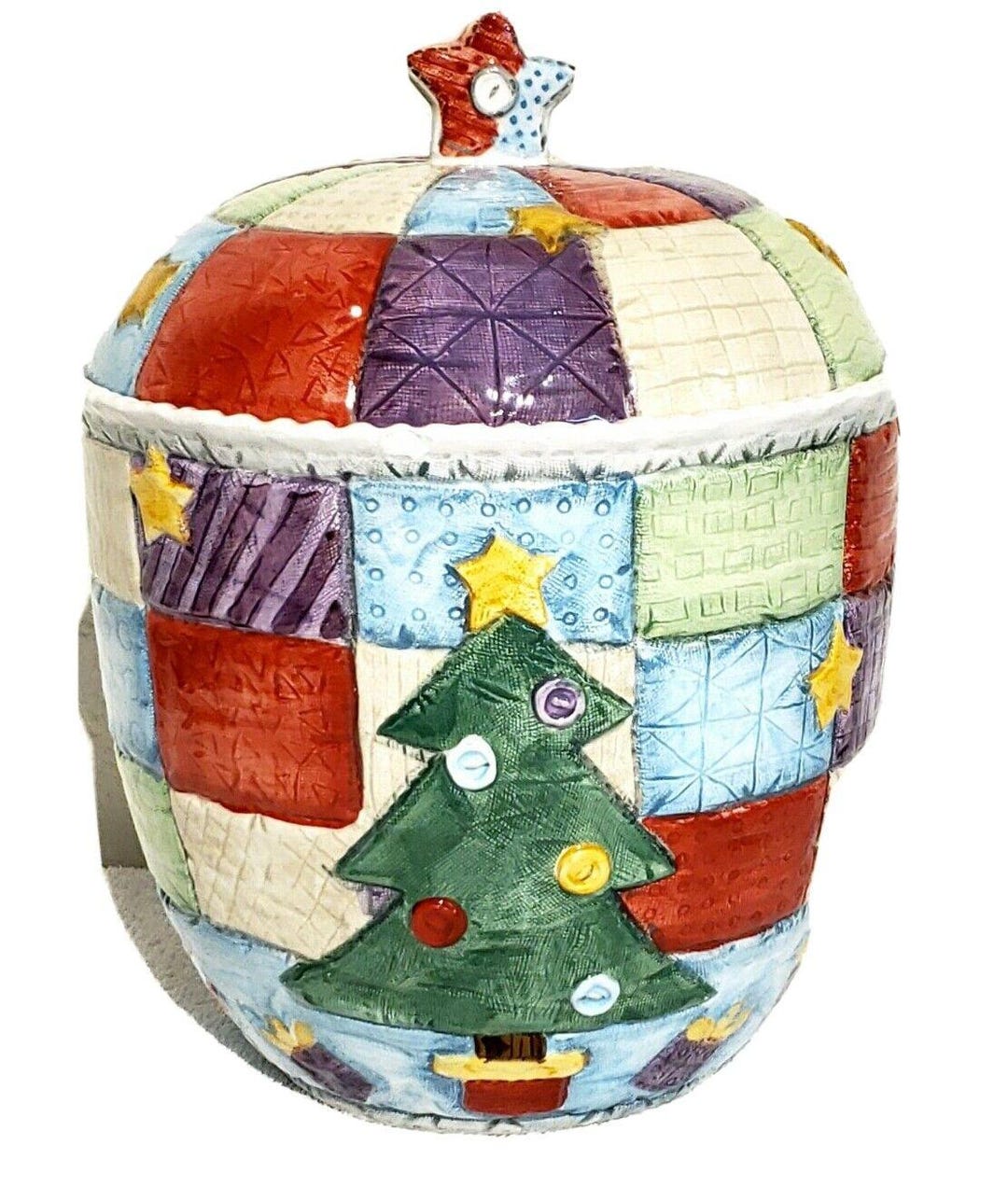 Christmas Patchwork Quilt Cookie Jar 11” Tall 8” Wide. Excellent ...