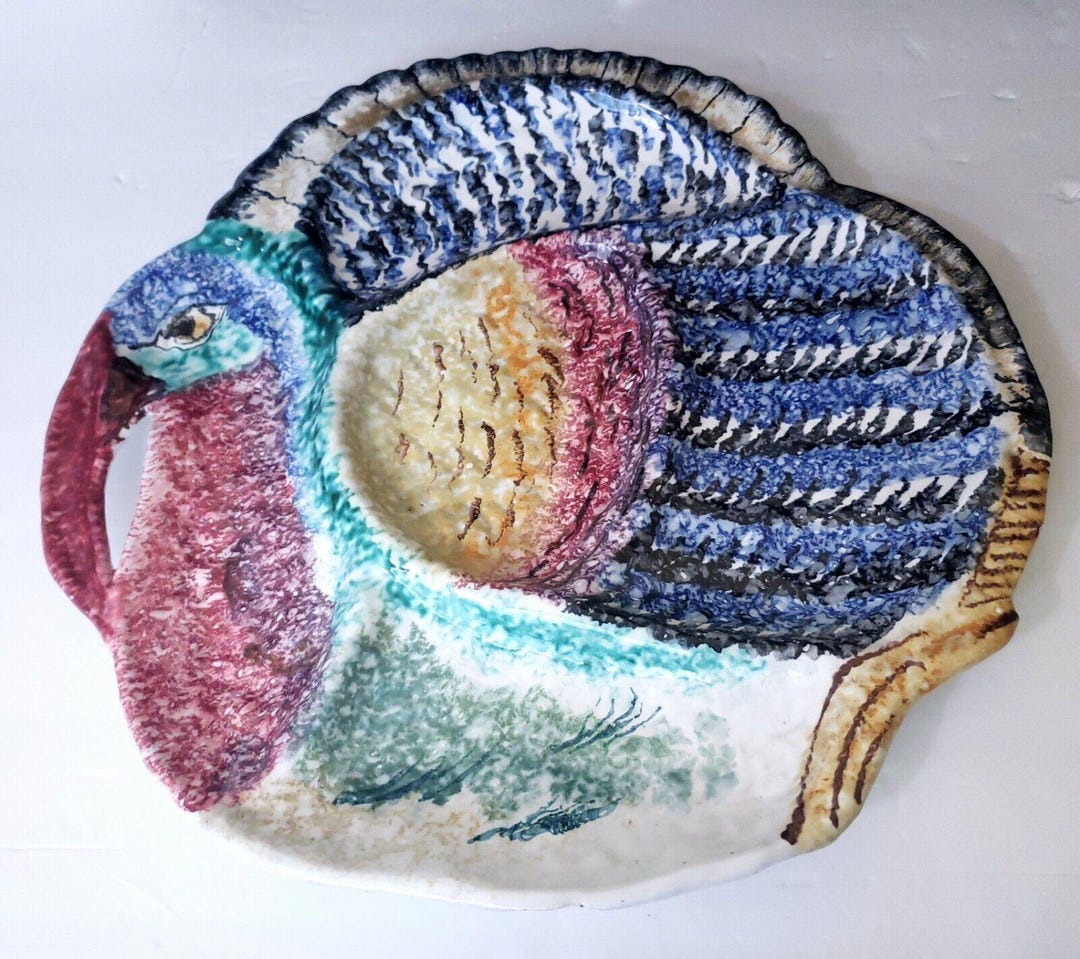 Vintage Turkey Platter Dish Ceramic Hand Painted Embossed 15" Made in ...