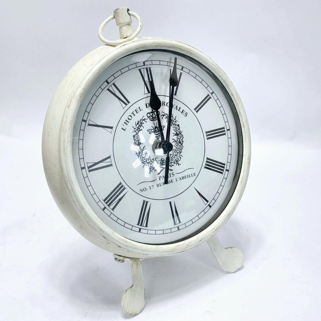 Vintage-inspired Table Clock Antique White Roman Numerals French Rustic ...