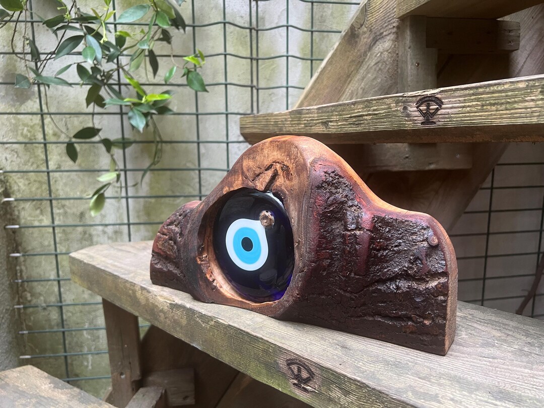 Wooden Evil Eye Amulet Sculpture: Handmade Glass Eye Charm - Etsy