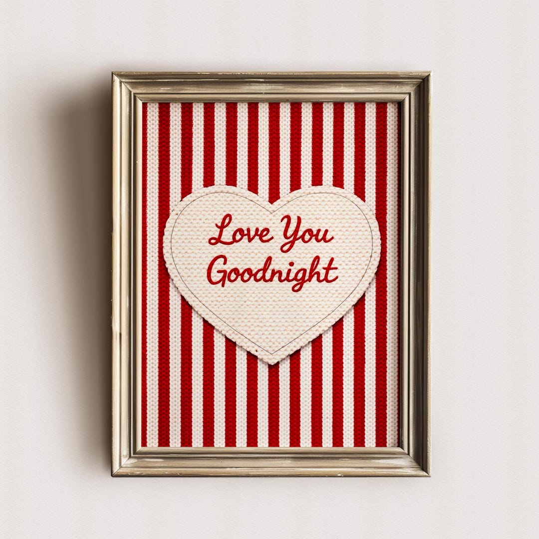 Love You Goodnight Heart Print, Red and White Stripes, Embroidered ...