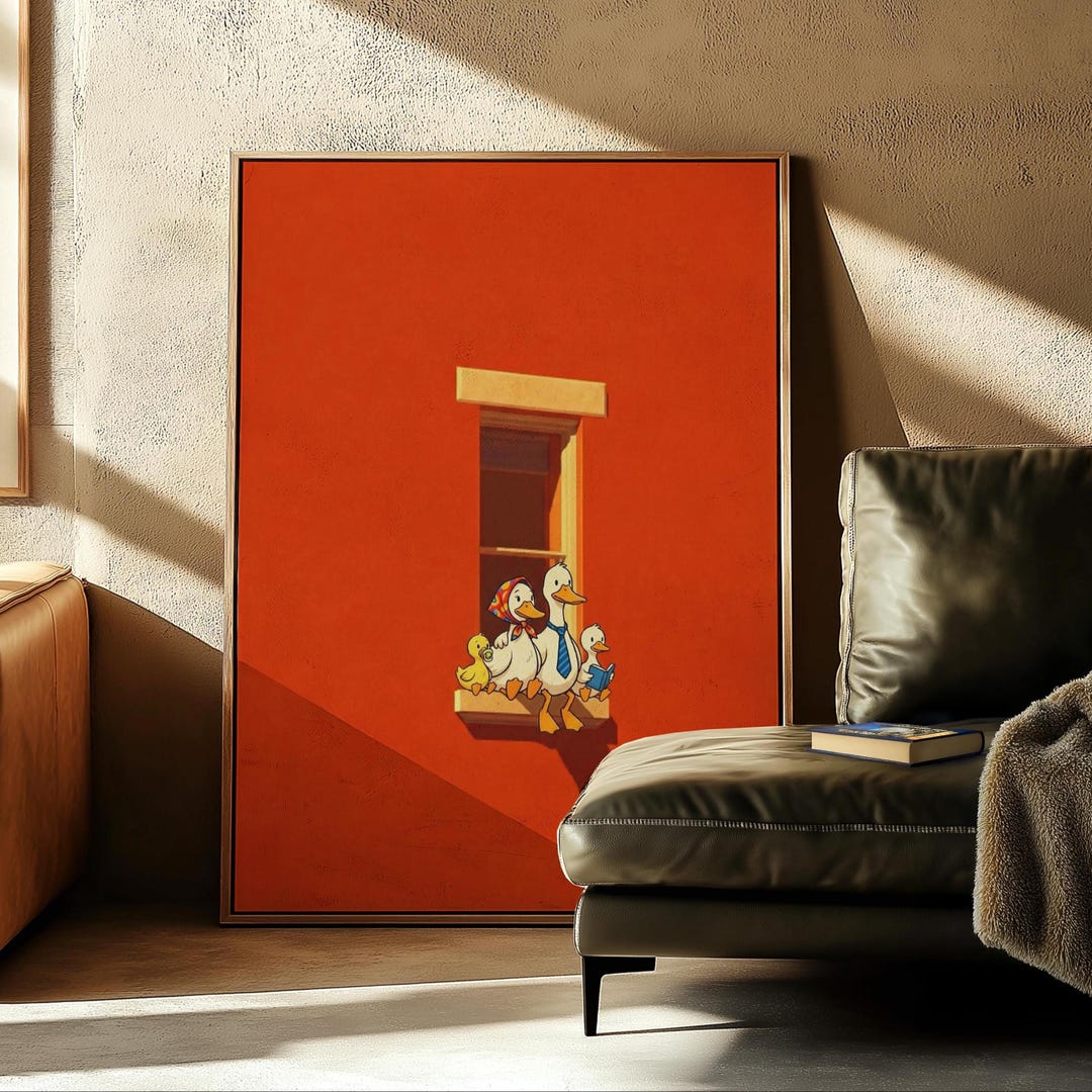 Duck Family Window Art Print, Whimsical Retro Illustration (digital ...