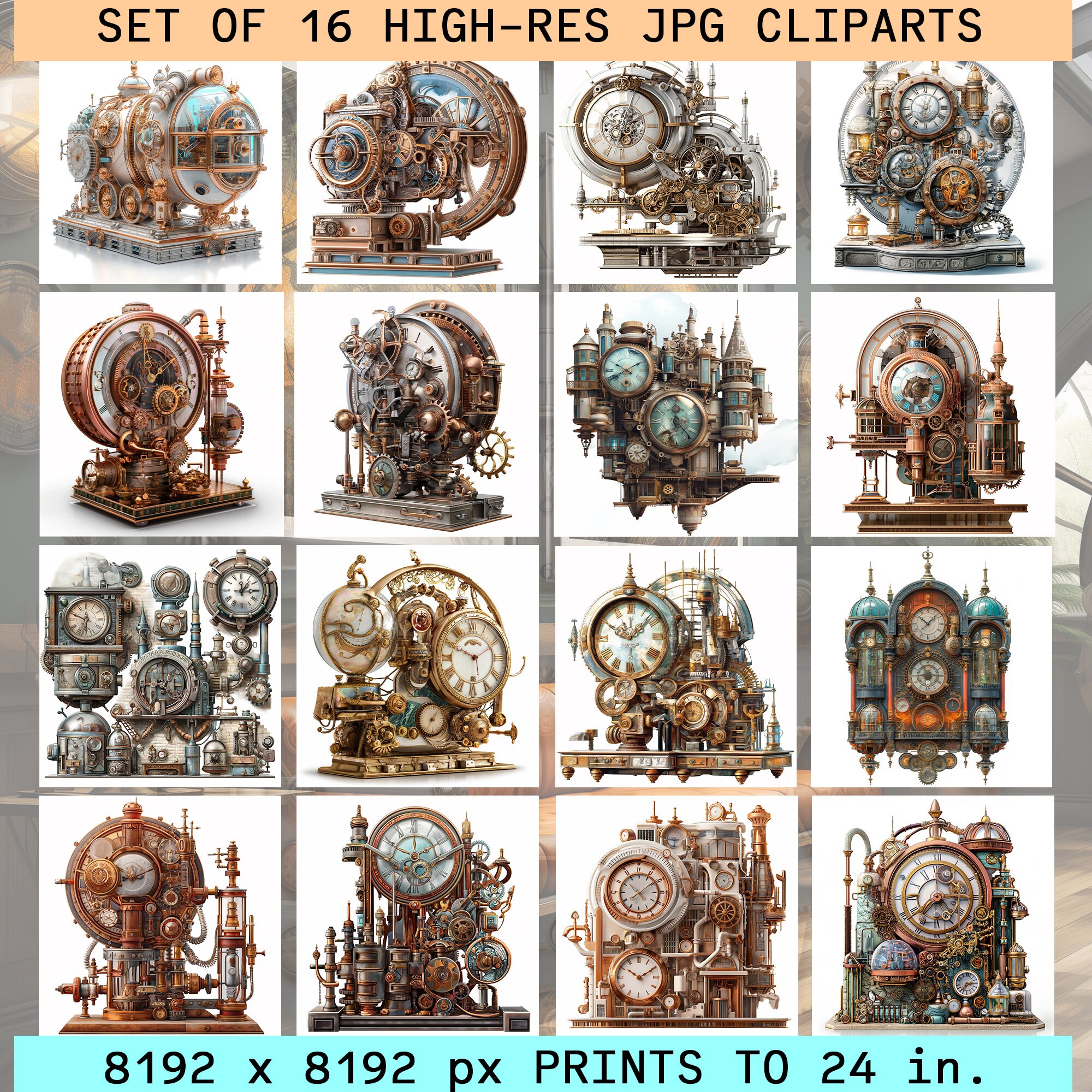 Set of 16 Steampunk Clockworks Contraptions - Intricate High Res ...