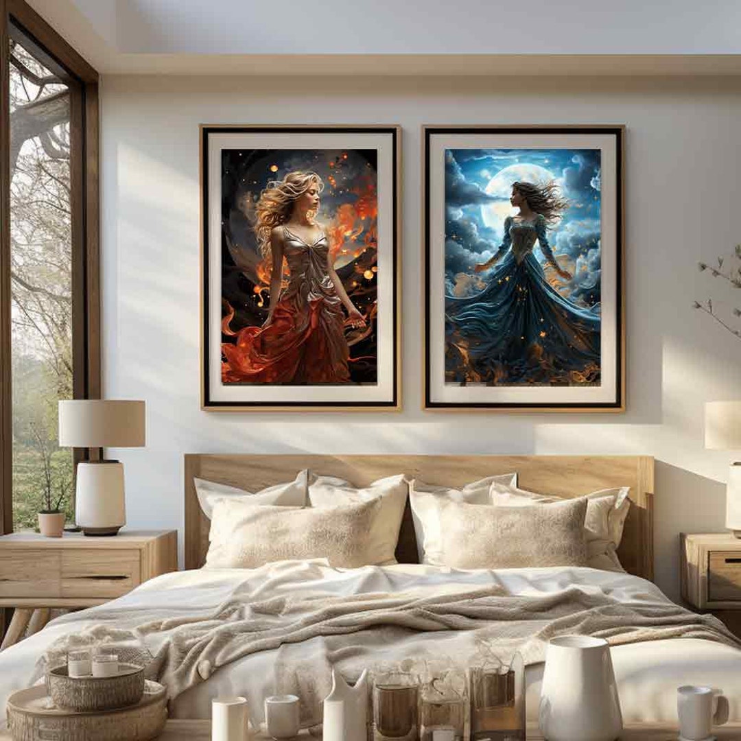 Celestial Dreams: Set of 8 Digital Art Prints Blending Women and Cosmic ...