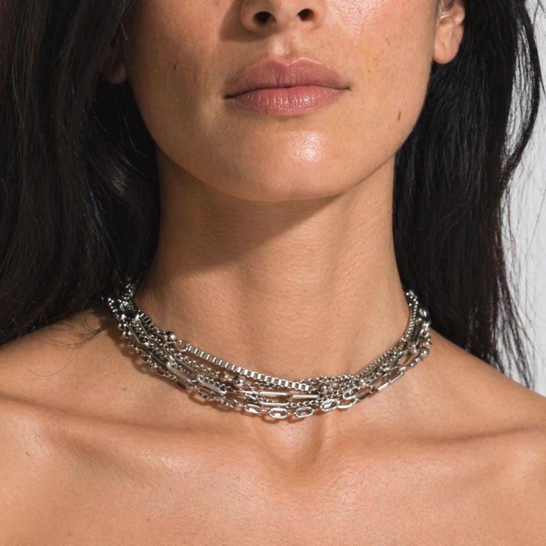 Layered Chain Choker Necklace Silver Minimalist Grunge Surgical Steel ...