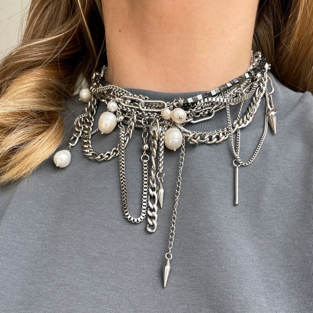 Pearl Layered Necklace Silver Choker Hematite & Grunge Style - Etsy