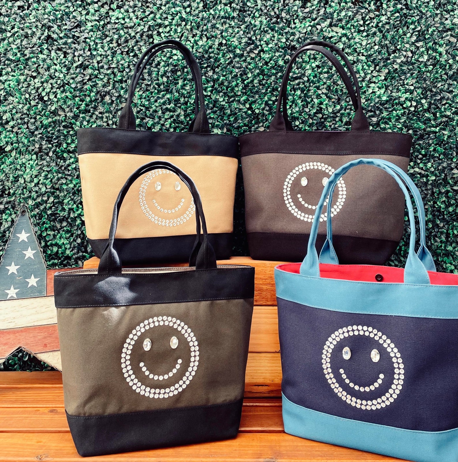 Cute Canvas Tote Bag, Smile Face Bag With 3 Pockets, Market Tote, Fun ...