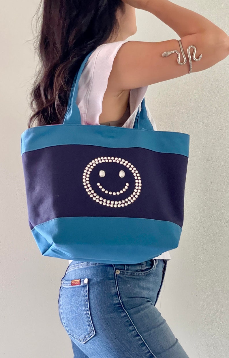 Cute Canvas Tote Bag, Smile Face Bag With 3 Pockets, Market Tote, Fun ...