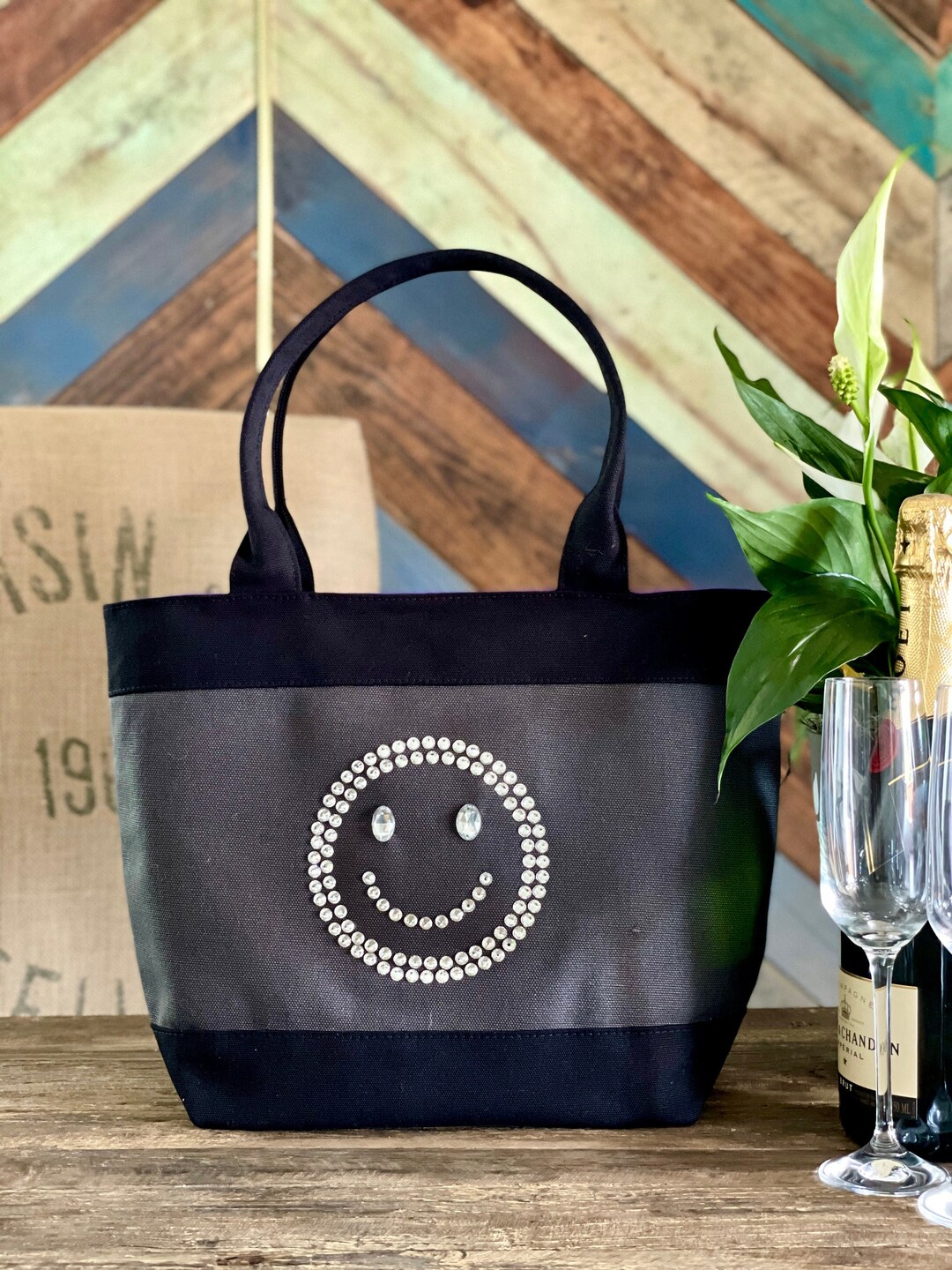 Cute Canvas Tote Bag, Smile Face Bag With 3 Pockets, Market Tote, Fun ...