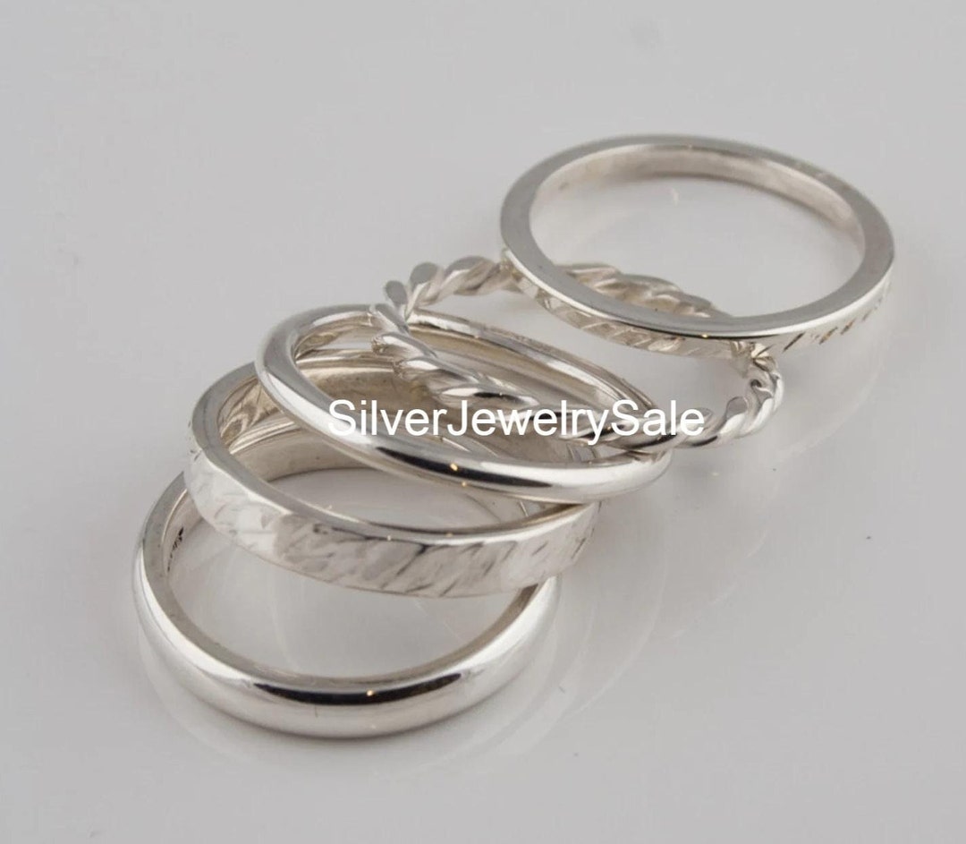 Set of 5 Sterling Silver Stacking Rings, Thin & Thick Rings, Dainty ...