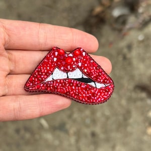 Handmade Red Lip Brooch, Crystal Lip Pin, Woman Brooch, Biting Lip ...