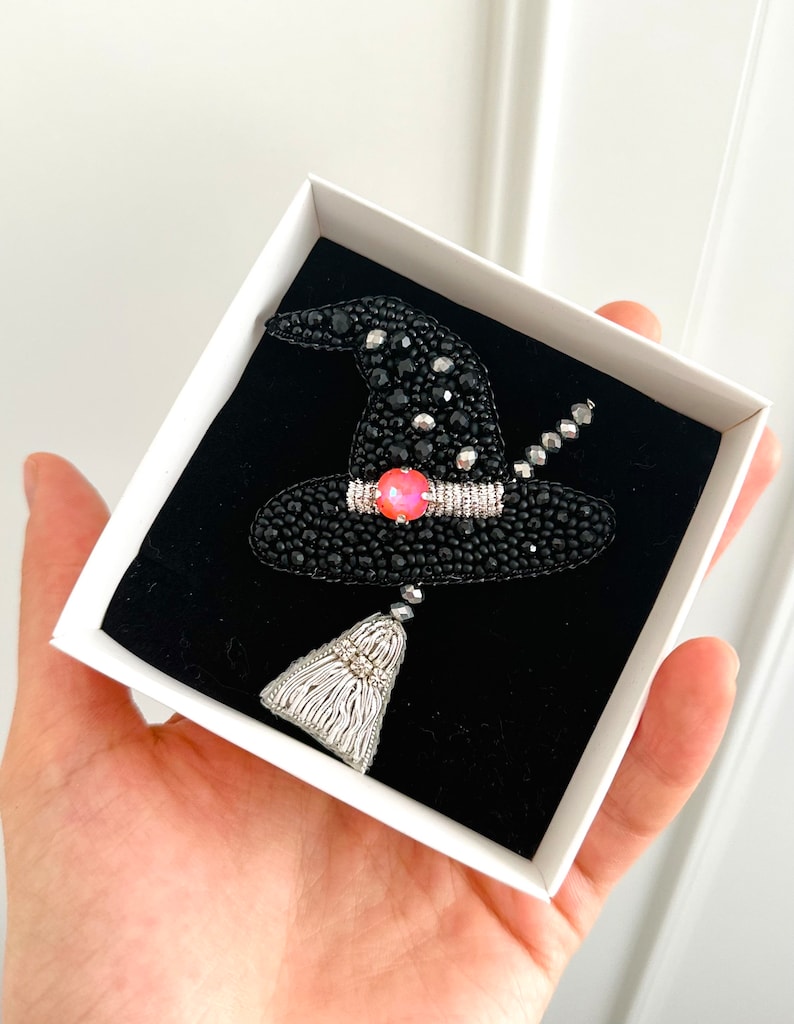 Handmade Witch Hat Brooch, Embroidered Halloween Jewelry, Halloween ...