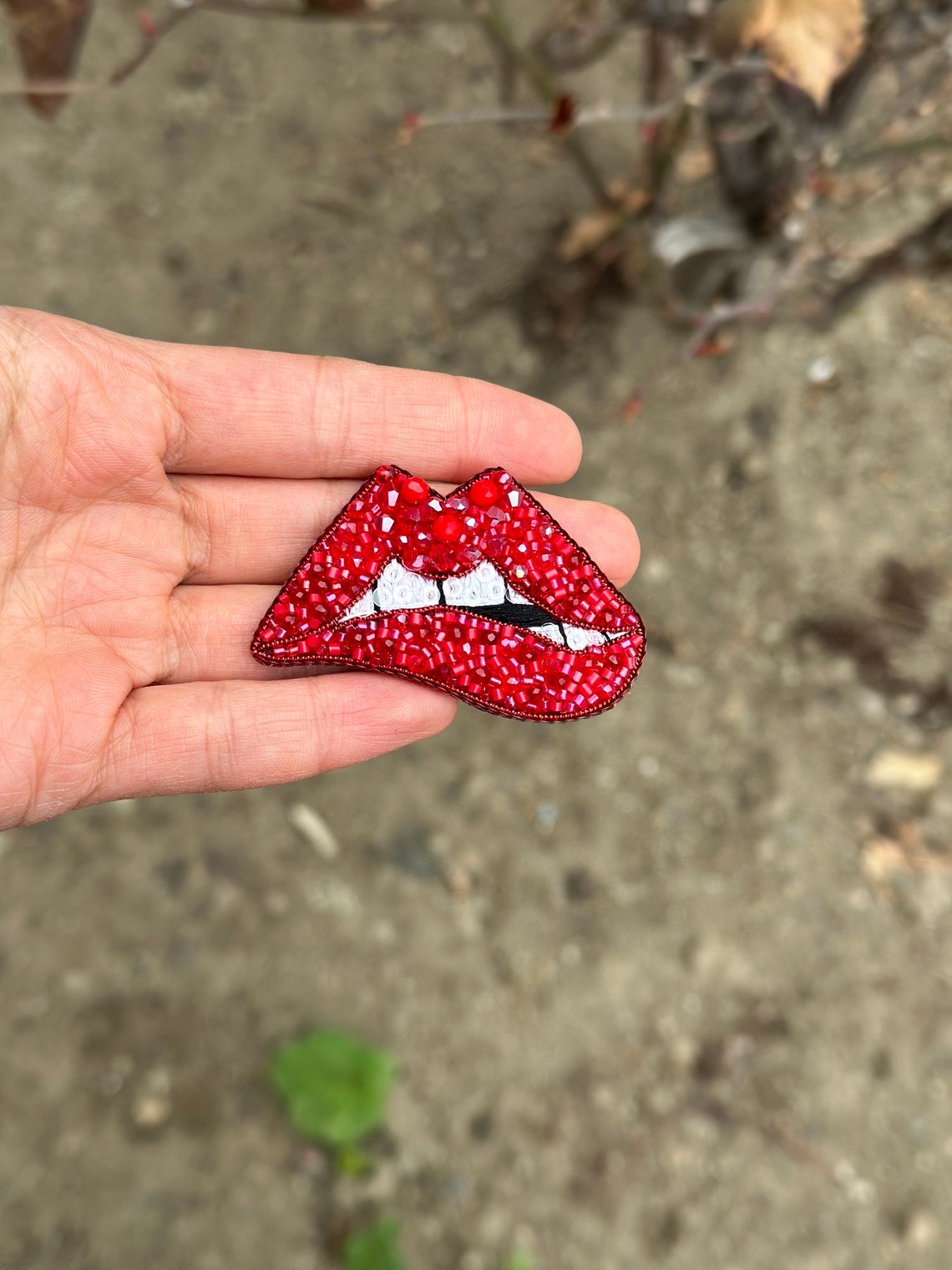 Handmade Red Lip Brooch, Crystal Lip Pin, Woman Brooch, Biting Lip ...