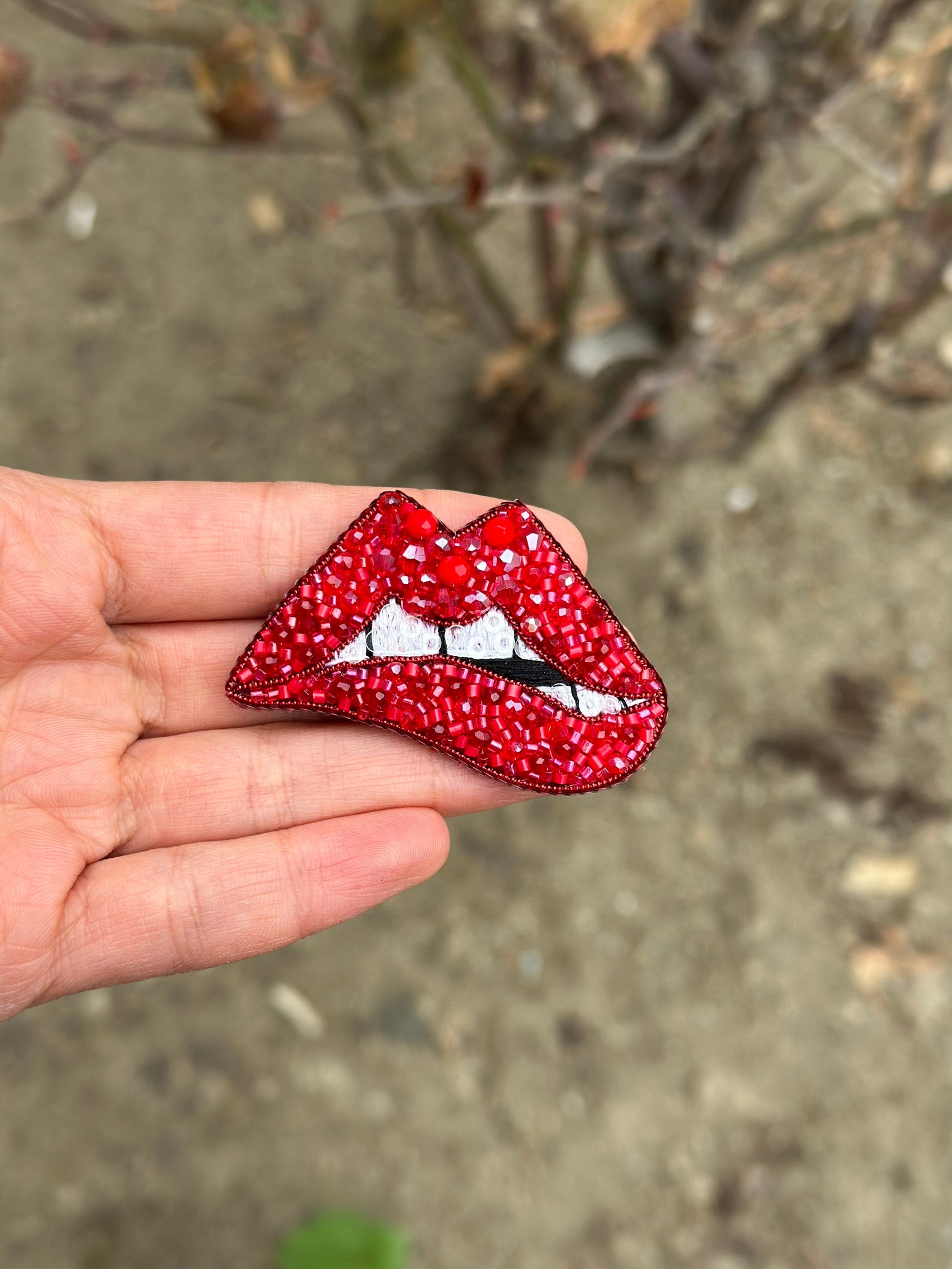 Handmade Red Lip Brooch, Crystal Lip Pin, Woman Brooch, Biting Lip ...