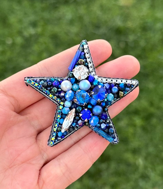 Embroidered Star Pin Unique Beaded Star Blue Star Brooch Handcrafted Lapel Pin Beaded Swarovski Accessory customized Personalized Design Etsy UK
