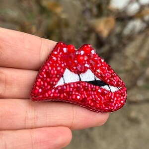 Handmade Red Lip Brooch, Crystal Lip Pin, Woman Brooch, Biting Lip ...