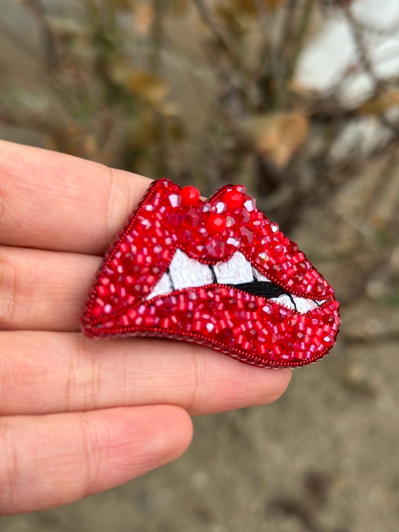 Handmade Red Lip Brooch, Crystal Lip Pin, Woman Brooch, Biting Lip ...