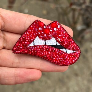 Handmade Red Lip Brooch, Crystal Lip Pin, Woman Brooch, Biting Lip ...