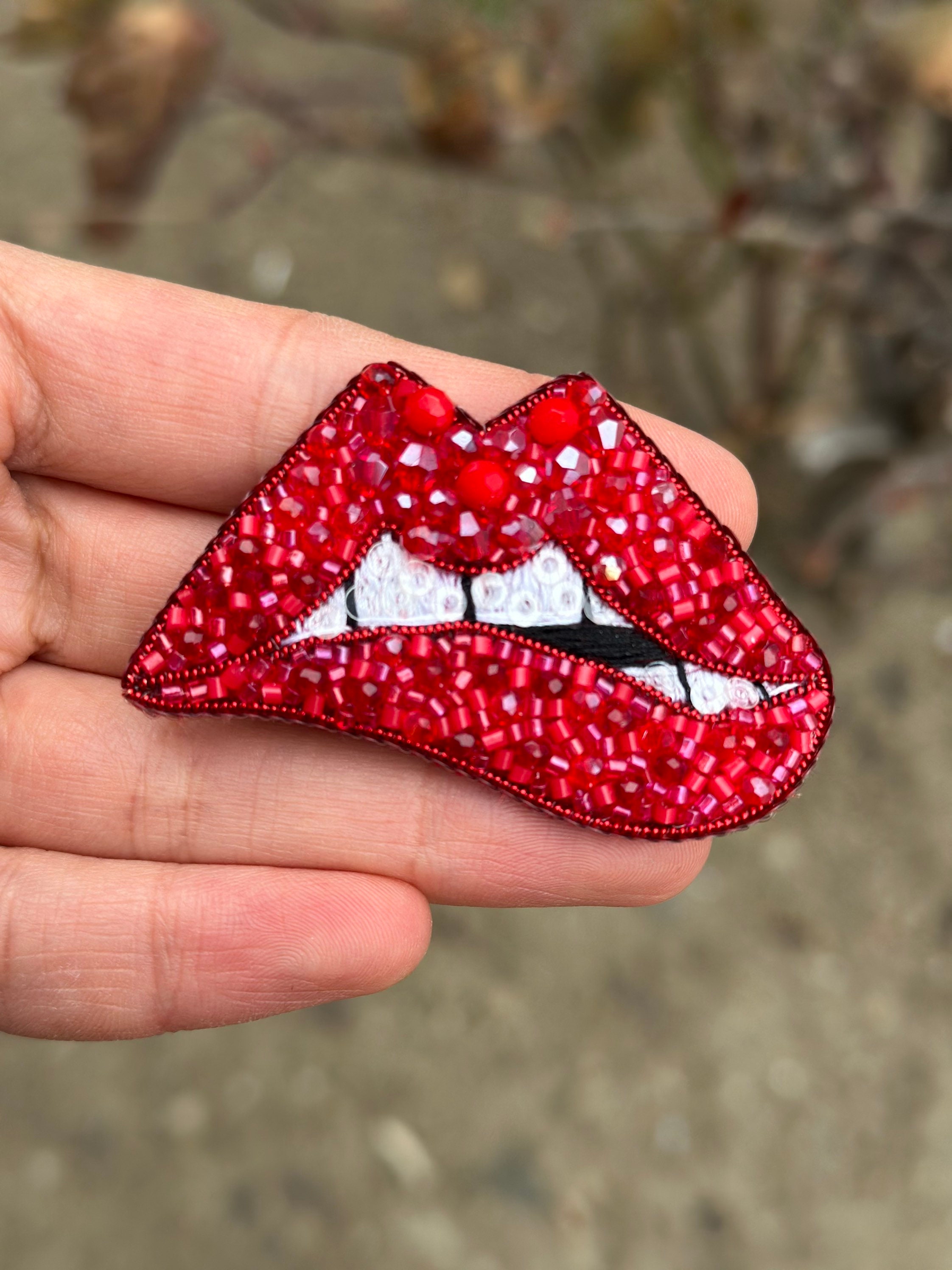 Handmade Red Lip Brooch, Crystal Lip Pin, Woman Brooch, Biting Lip ...