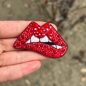 Handmade Red Lip Brooch, Crystal Lip Pin, Woman Brooch, Biting Lip ...