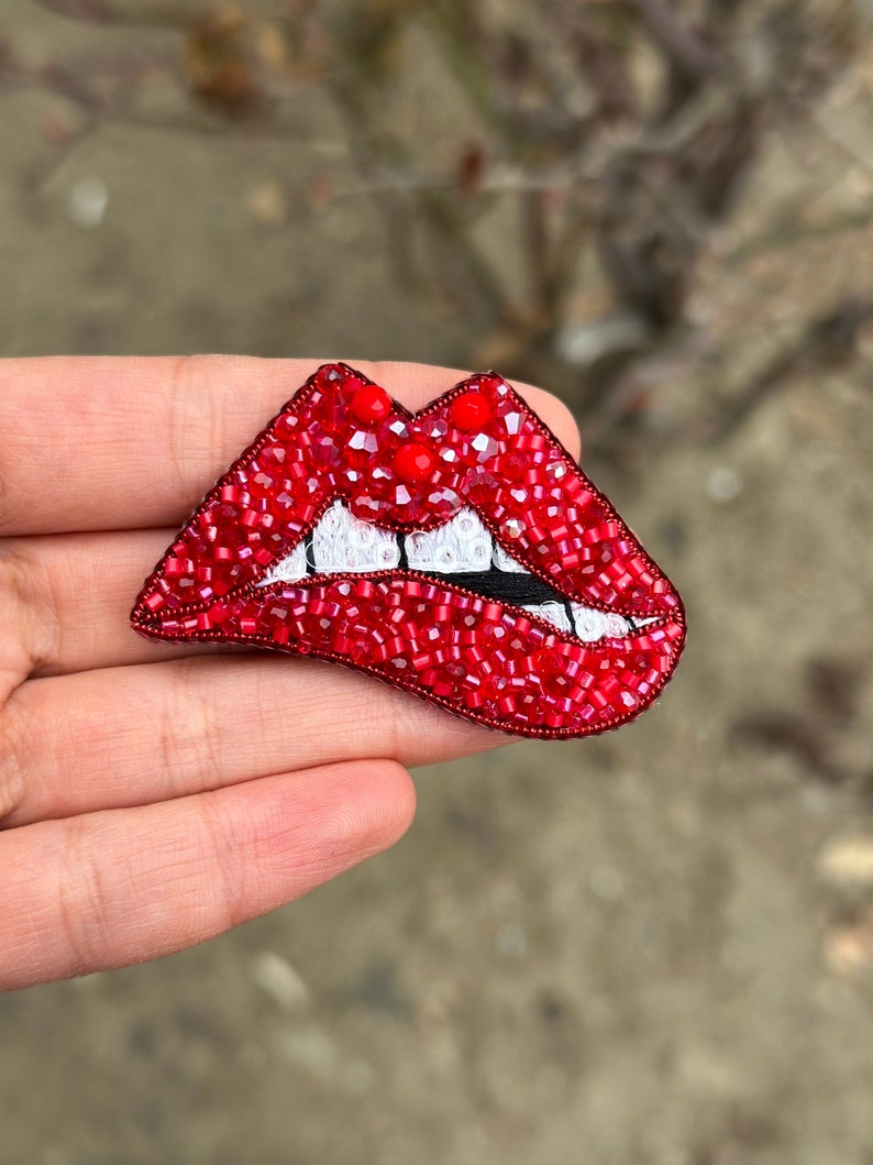 Handmade Red Lip Brooch, Crystal Lip Pin, Woman Brooch, Biting Lip ...