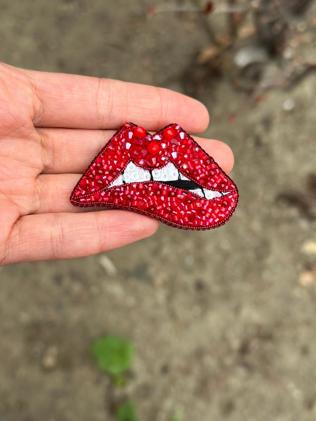 Handmade Red Lip Brooch, Crystal Lip Pin, Woman Brooch, Biting Lip ...