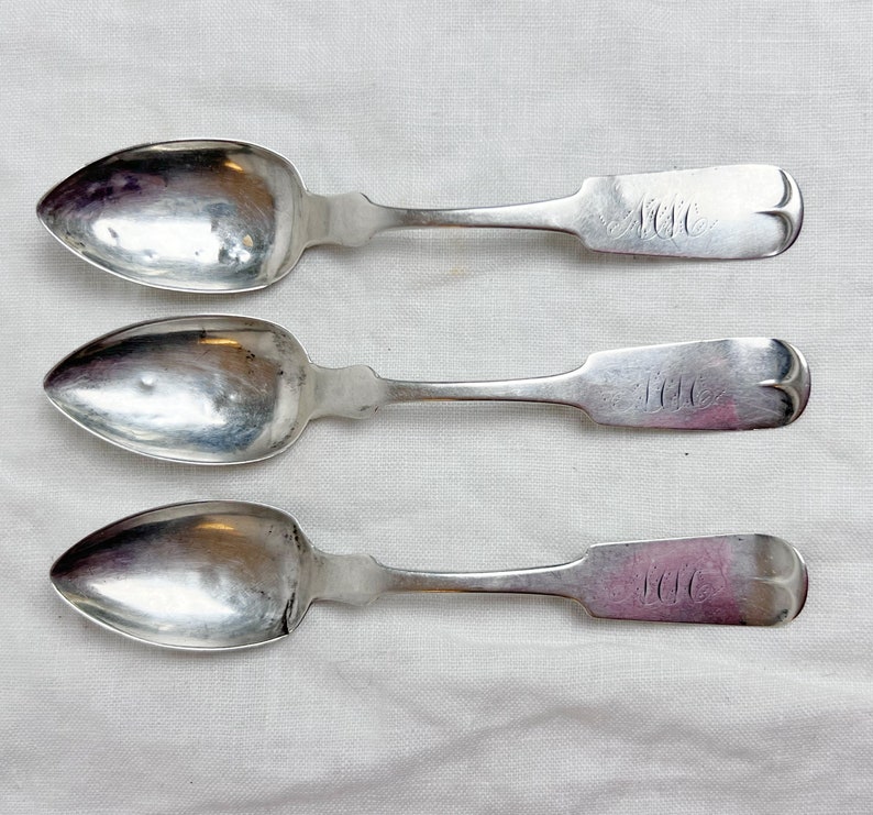 3 Antique Isaac Garrison Coin Silver Tea Spoons Fiddle Pattern Monogram ...