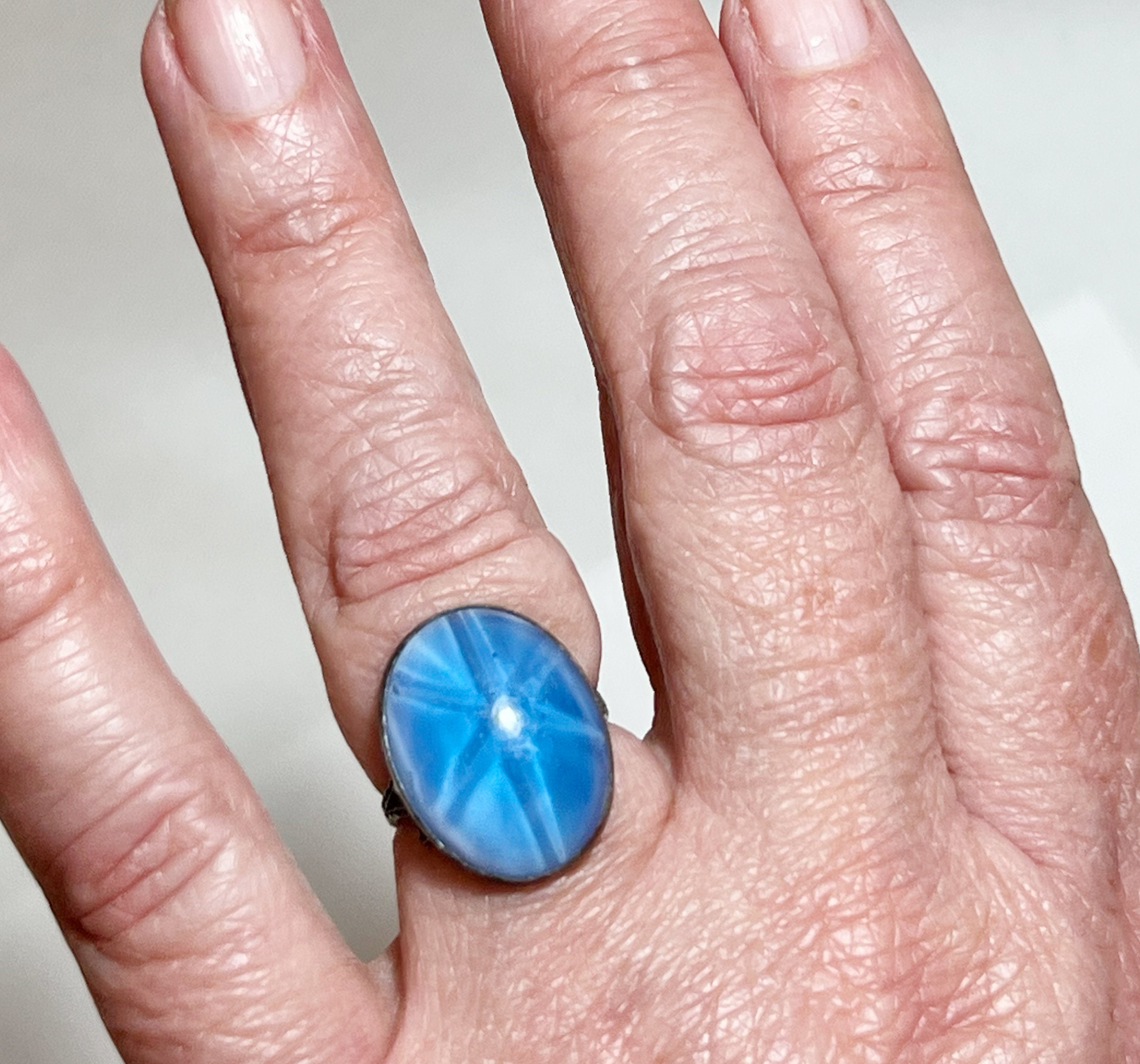 Antique Blue Star 'sapphire' Oval Glass Stone Ring in Fleur-de-lis ...