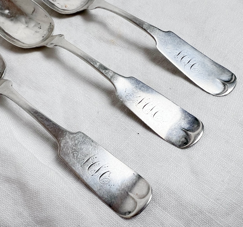 3 Antique Isaac Garrison Coin Silver Tea Spoons Fiddle Pattern Monogram ...
