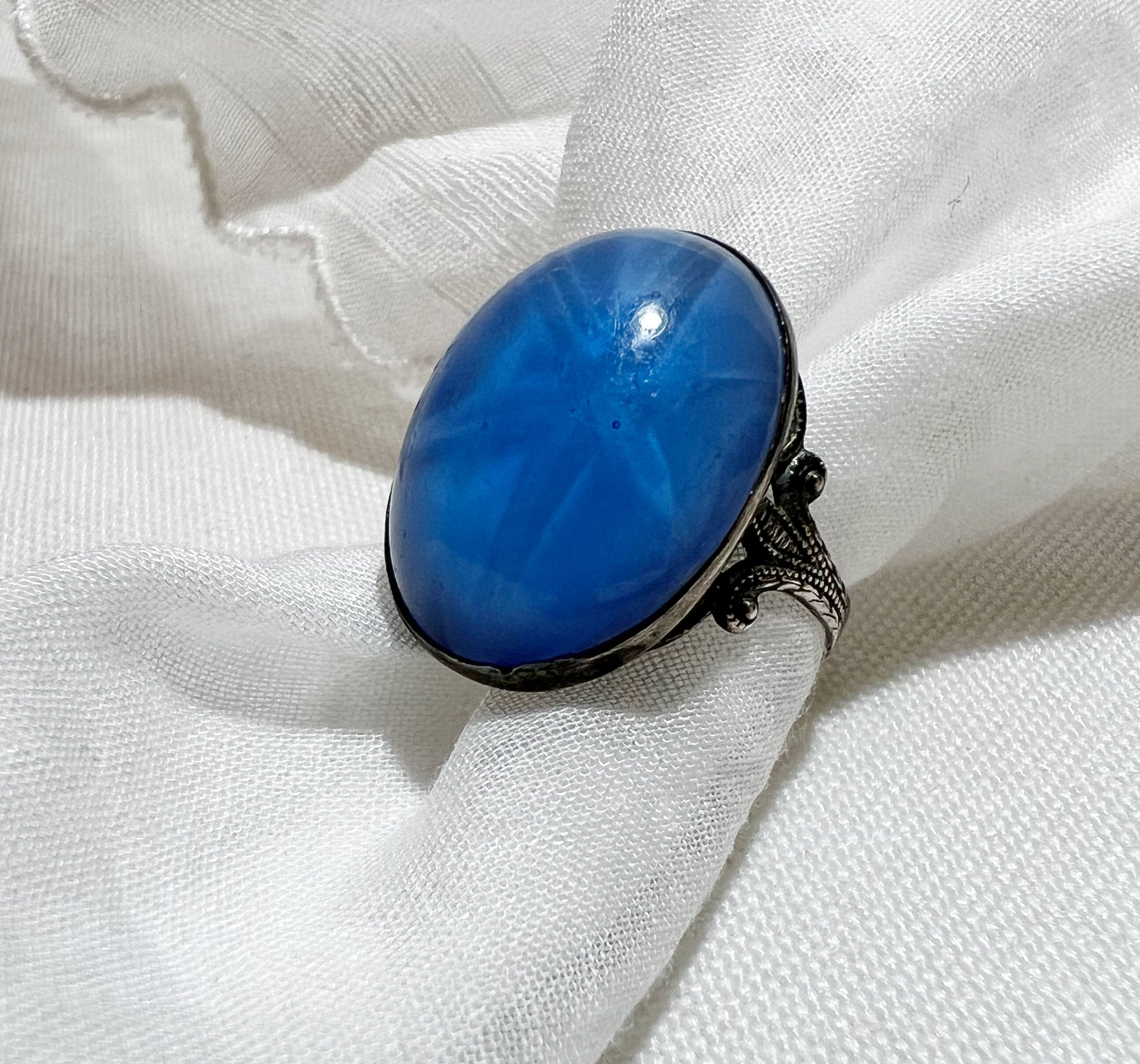 Antique Blue Star 'sapphire' Oval Glass Stone Ring in Fleur-de-lis ...