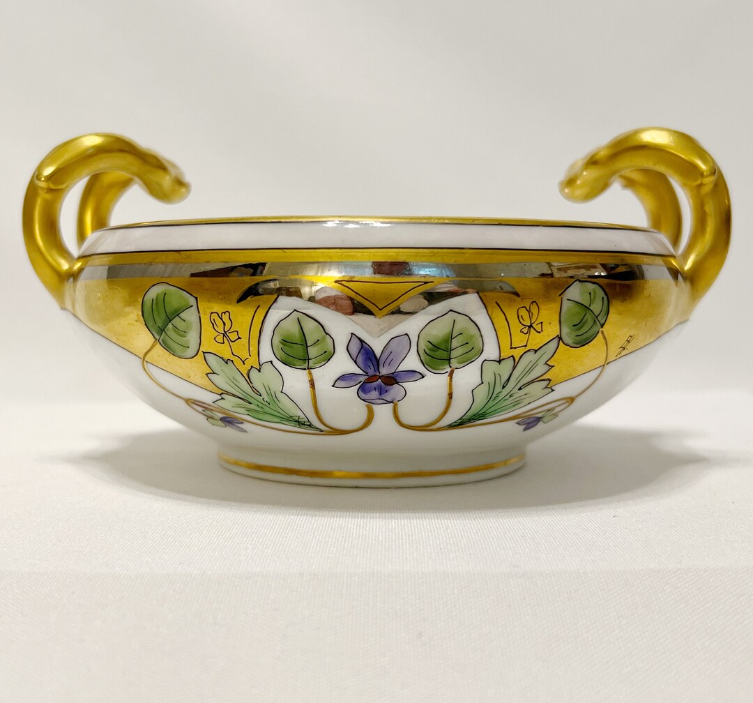 Elegant Antique Stouffer Studios Metallic Gold Handled Dish With Floral ...