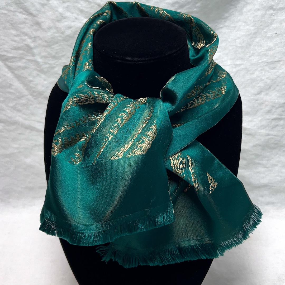 1960s France Import Shiny Green Gold Rectangle Fringe Neck Scarf, - Etsy